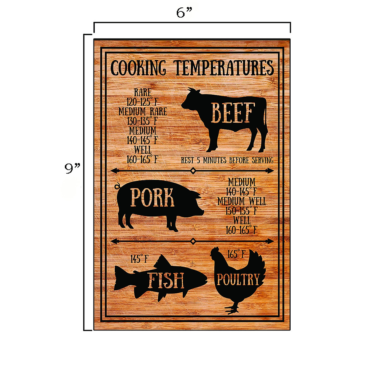 Meat Internal Cooking Temperatures Magnet Sign Measurement Kitchen Conversion Magnet Sign - Cooking Chart 6x9 in. Wood Background Meat Temperatures