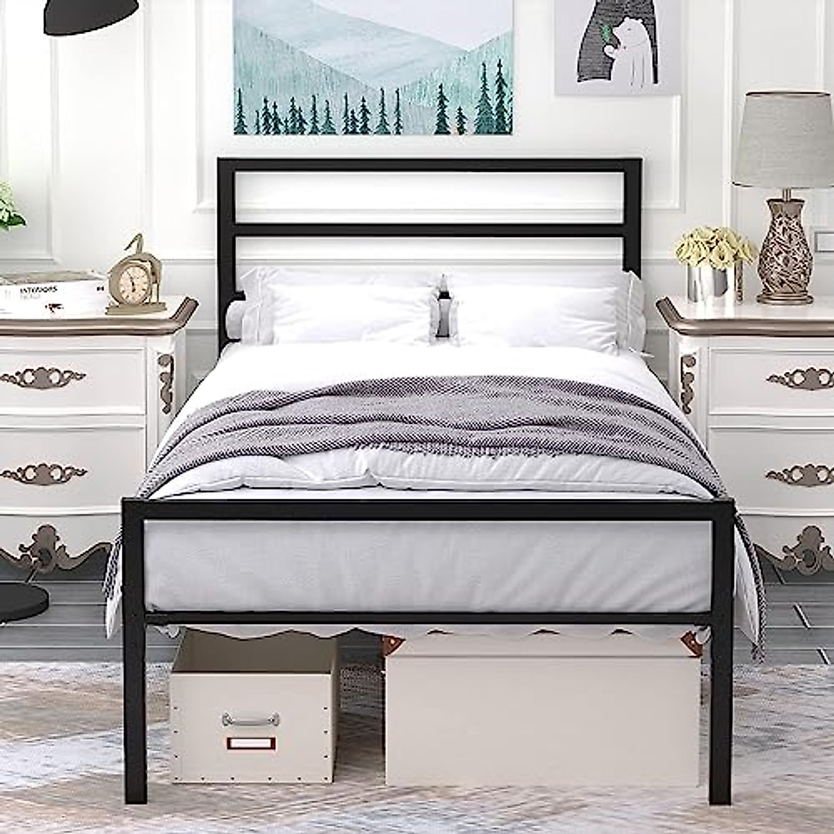 4 EVER WINNER Twin Bed with Headboard and Footboard, 14 Inch Twin Size Metal Platform Bed Frame, Heavy Duty, No Box Spring Needed, Anti-Slip, Easy Assembly, Black