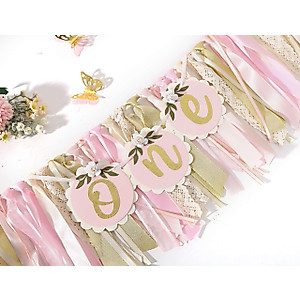 Pink Golden Floral High Chair Banner - Rose 1st Birthday Highchair Banner, Girls’ 1st Birthday Decoration, Pink First Birthday Decor, One High Chair Banner, 1st Birthday Party Decorations for Girls,