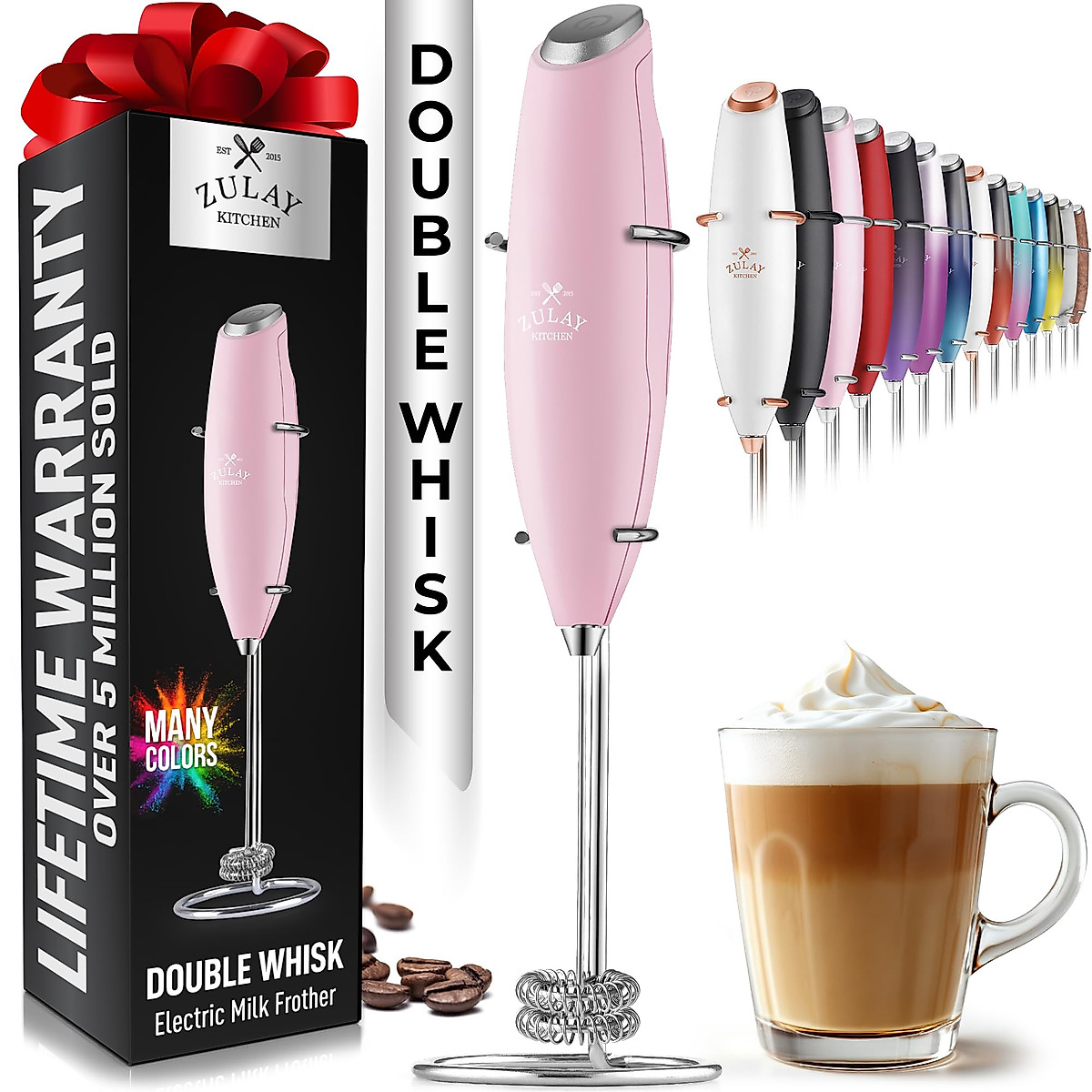 Zulay Double Whisk Milk Frother Handheld Mixer- High Powered Frother For Coffee With Improved Motor - Electric Whisk Drink Mixer For Cappuccino, Frappe, Matcha & More, Twin Whisk (Cotton Candy)