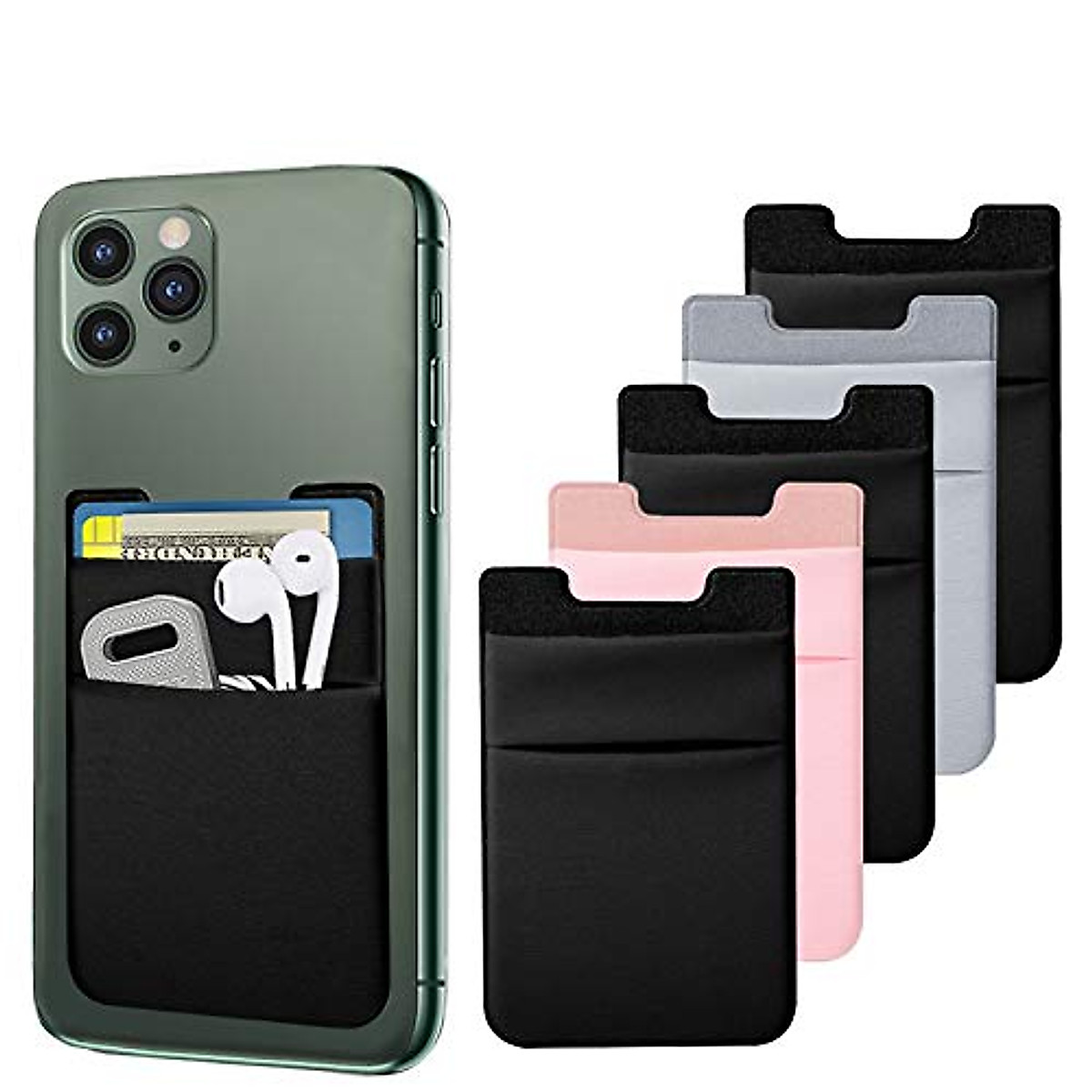 SHANSHUI Card Holder for Back of Phone, 5 PCS Double Cloth Slim Stretchy Phone Pocket Pouch Stick on ID Credit Card Wallet Compatible for iPhone 11 Pro Samsung Galaxy S10 and More(Black,Grey,Pink)