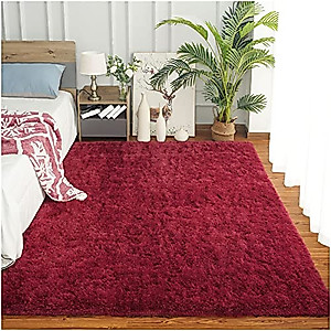 Chicrug Wine Red Fluffy Area Rugs for Living Room Bedroom, Large Area Rug for Kids, Shag Plush Fuzzy Carpet Modern Furry Rug Nursery Playroom Indoor Non Slip Carpet 4x6 Feet