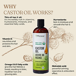 Offernova Castor Oil 16 OZ- Aceite de Ricino - Cold Pressed 100% Pure, Certified Organic, Hexane Free for Eyelashes, Eyebrows, Frizzy, Hair Growth Women and Men, Beard Growth