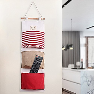 Hztyyier 3 Pockets Linen Storage Bag Hanging Door Closet Organizer Decoration for Room(Red)