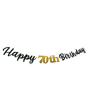 Glitter Happy 70th Birthday Banner - 70 Birthday Sign Banner - Cheers to 70 Years Birthday Party Bunting Decorations Black Pre-Assembled (Black)