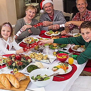 83 Pcs Christmas Party Table Non Snap Holiday Supplies, Include Christmas No Snap Crackers, Tissue Paper Cracker Hats, Christmas Jokes, Keychain and Brooch for Holidays, No Snap Strips (Red, White)