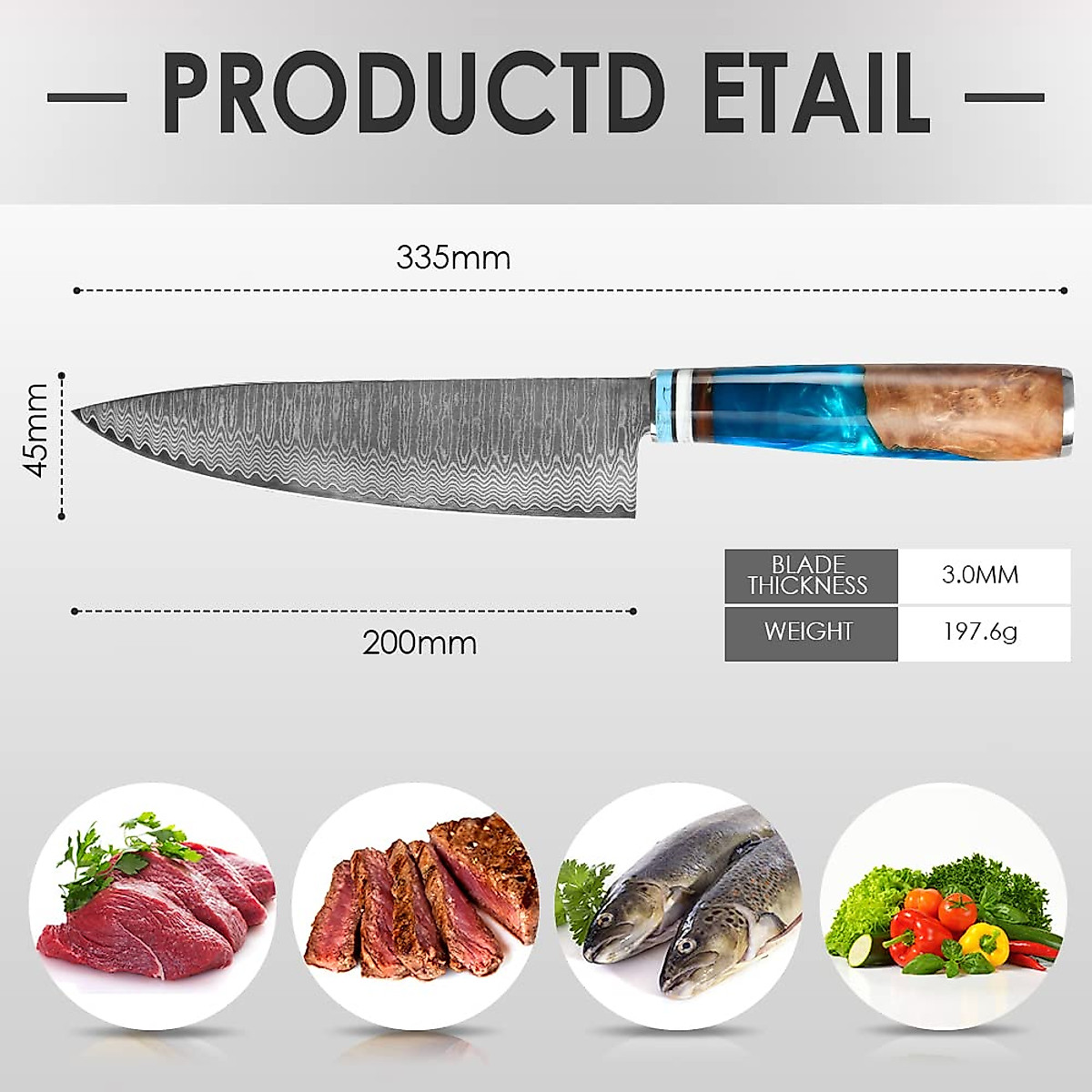 KEENZO Damascus Chef Knife 8 inch, Professional Kitchen Knives set, Sharp High Carbon Stainless Steel Cooking Knife, Ergonomic Blue Resin & Natural Wood Handle with Gift Box for Home & Restaurant