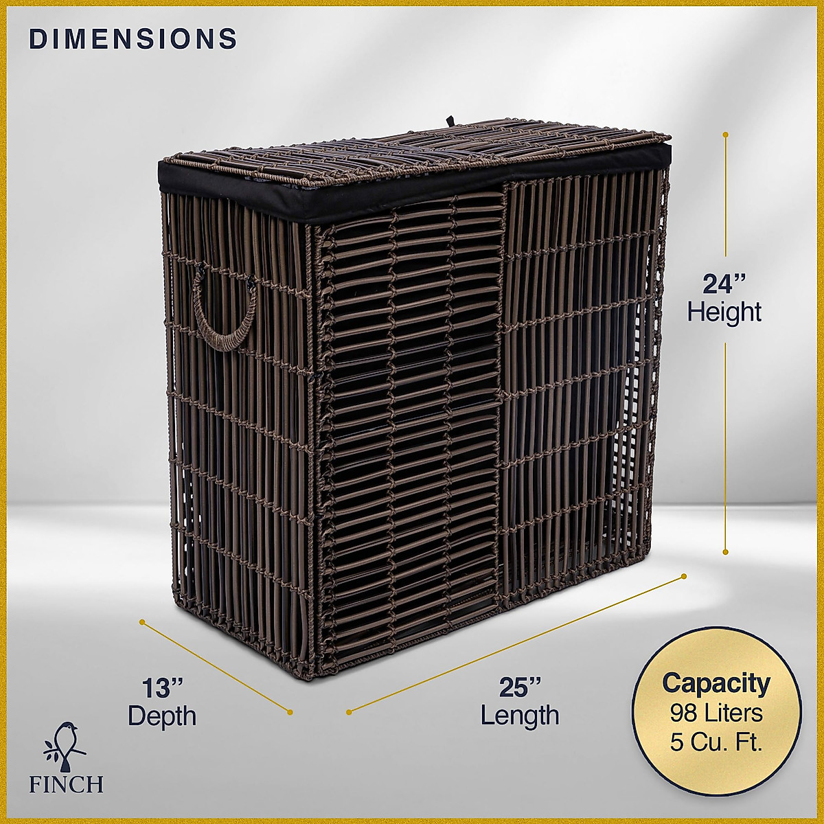 Finch Double Laundry Hamper with Lid & Handles, Foldable, 2 Divided Section (XXL) Clothes Hamper, Removable Washable Liner Bags, Steel Frame & Woven Poly Rattan, Sturdy Laundry Basket, Dark Brown