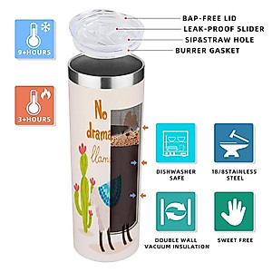 silichee 20 Oz Insulated Tumblers Stainless Steel Cup with Lid Stylish Cartoon Lama Ornament Cactus No Drama Llama Poster Tumblers Double Wall Vacuum Coffee Mugs for Cold Hot Drinks for Sport