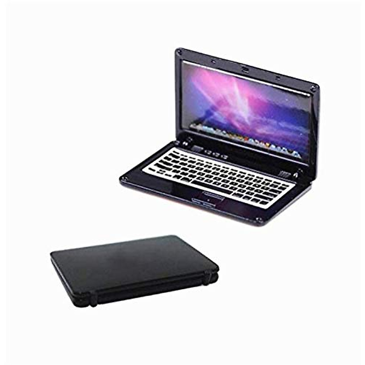 EatingBiting 2 Pack 1:12 Mini House Miniature Home Living Room Mini Laptops Notebook Computers Screen Mini Laptop Miniature Scene Model Scale Accessories Black + Silver