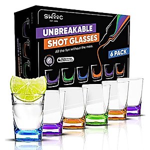 SWOOC - Unbreakable Shot Glasses Set (6 Pack) - 250x Stronger Than Glass, 25x Stronger Than Acrylic - Colorful & Dishwasher-Safe - 1.5oz Reusable Drinkware for Indoor/Outdoor Fun - DUNZO Compatible