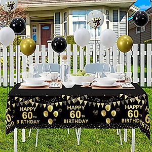 Trgowaul 60th Birthday Decorations Men Women - Black Gold Happy 60 Birthday Backdrop Banner, 2 Pcs Happy Birthday Tablecloth, 60 Pcs Latex Confetti Balloons, 60 Years Old Birthday Party Supplies Gifts