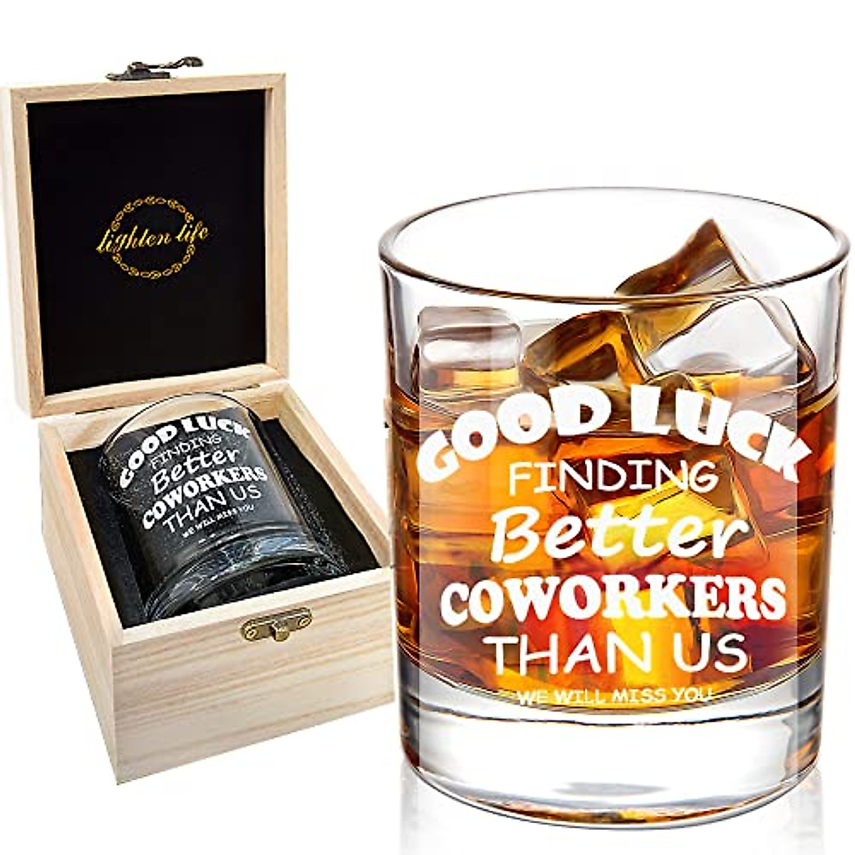 LIGHTEN LIFE Good Luck Finding Better Coworkers Than Us Whiskey Glass,Novelty Coworker Leaving Gift in Valued Wooden Box,Farewell Gift for Coworker Boss Colleague Friend Men,12 oz Old Fashioned Glass