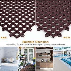 16Pack 11.8 x 11.8 Inch Interlocking Rubber Floor Tiles Non-Slip Shower Pool Deck Tiles for Flooring, Soft PVC Splicing Modular Cushion Mat Drainage Mats for Patio Garage Kitchen Bathroom (Brown)
