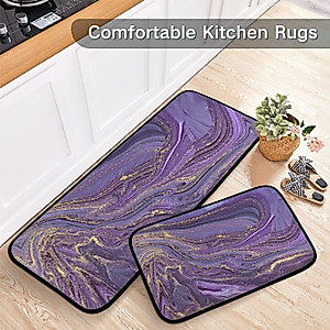 xigua 2 Piece Purple Marble Abstract Pattern Anti-Fatigue Kitchen Rug, Waterproof Non-Slip Kitchen Mats and Comfort Elastic Cotton interlayer Rug for Kitchen, Floor Home, Office, Sink, Laundry