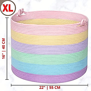 MINTWOOD Design XXXXLarge 22 x 16 Inches Decorative Cotton Rope Basket, Blanket Basket Living Room, Laundry Basket, Woven Basket, Toy Storage Baskets Bin, Round Pillows Towels Basket, Pastel Rainbow