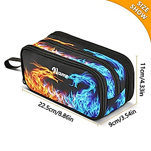 Custom Pencil Case Cool Dragon Fire 3 Compartment Pen Bag Pouch Holder Box School Portable Stationery Storage Bag for Girls Boys