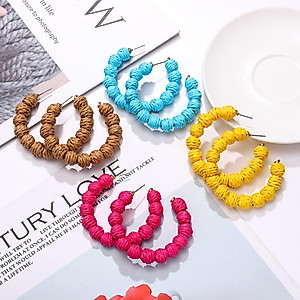 BSJELL 4 Pairs Rattan Earrings Hand Woven Geometric Statement Hoop Straw Wicker Braid Earrings Summer Beach Bohemian Drop Dangle Earrings for Women (A:Rattan Ball Hoop)