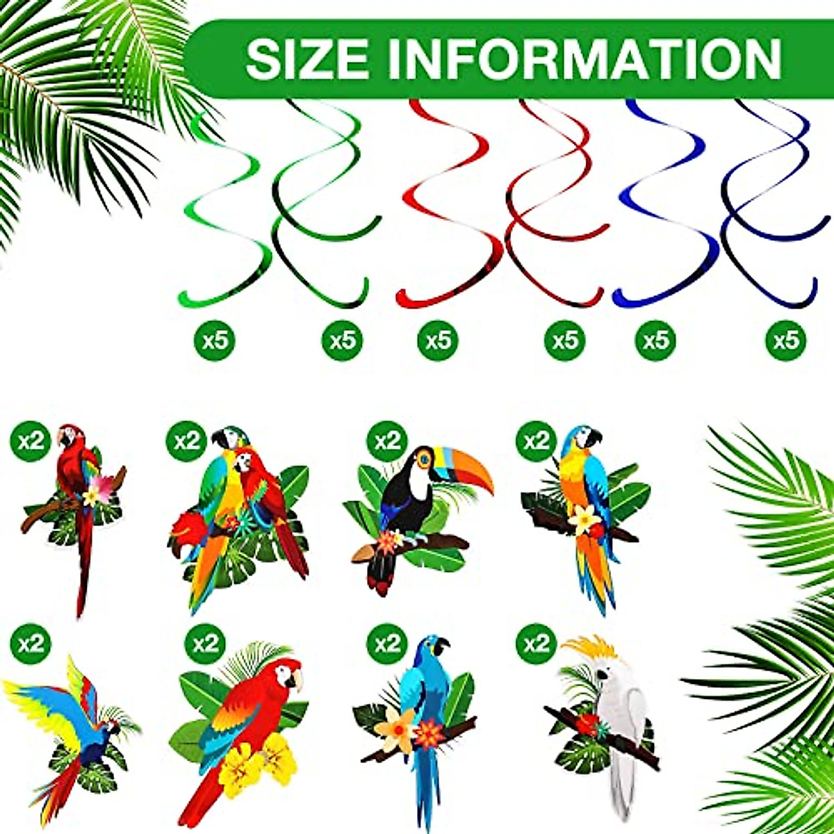 30 Tropical Birds Party Supplies Tropical Hawaiian Decorations Toucan Parrot Party Hanging Swirl Foil Ceiling Decor for Summer Luau Hawaiian Beach Pool Party Wedding Birthday Party Supplies