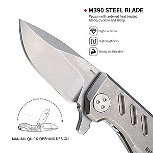 MecArmy EK33S Mini Pocket Folding Knife with Clip, One Hand Quick Opening Knives with Liner Lock for Men Titanium Handle M390 Blade EDC Knife, Aluminum EDC box and Kydex sheath included (Stonewashed)