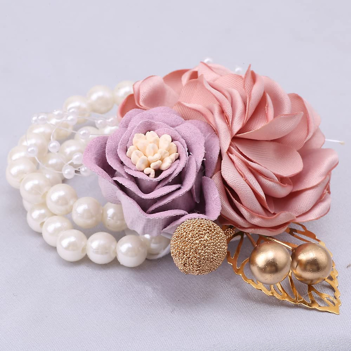 GoldenPlayer Wedding Bridal Wrist Flower Girl Bridesmaid Wrist Corsage Decor for Prom Party Wedding (Pink-Purple, Pack of 6)