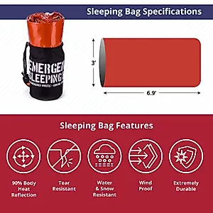 Emergency Portable Sleeping Bag Reflective Bivy Sack Mylar Thermal Survival Kit Emergency Preparedness for Camping Extreme Cold - Includes Whistle Compass and Survival Hook Emergency Go Bug Out Bag