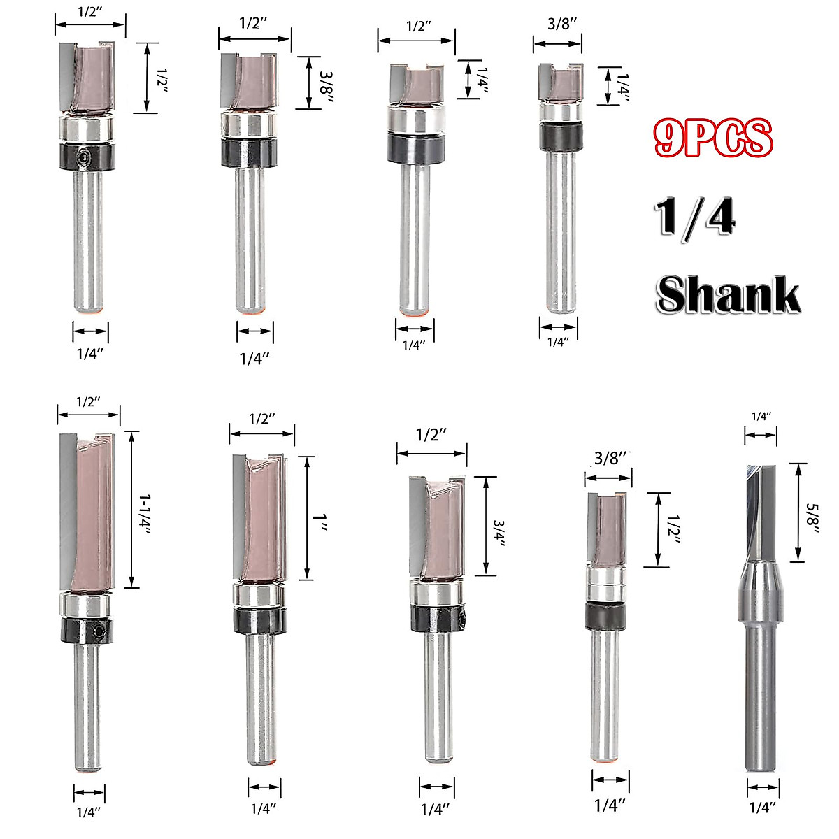 SICWOOD 9pcs Pattern Flush Trim Router Bit 1/4 Shank, Carbide Tipped Top Bearing Template Pattern Router Bit, Straight Flush Cut Router Bit, for Wood Trimming