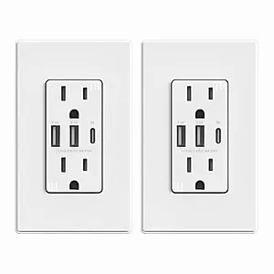 ELEGRP USB Outlets Receptacles, 3-Port USB C Wall Outlet, 30W 6.0A USB Electrical Outlet, 15 Amp Tamper-Resistant Outlet with USB C Ports, UL Listed, Screwless Wall Plate Included, 2 Pack, Matte White