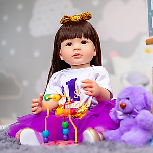 TERABITHIA 22 Inches Cute Alive Handmade Long Brown Hair Reborn Baby Doll Crafted in Silicone Vinyl Full Body Anatomically Correct Realistic Newborn Princess Toddler Girl Dolls Purple Gift Set