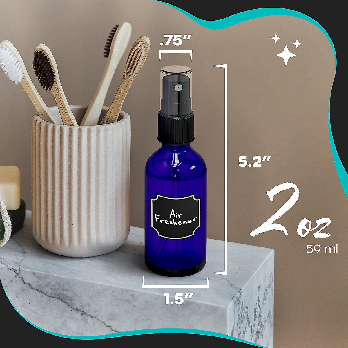 Nevlers 24PK Blue Glass Spray Bottles 2 Oz Set | Glass Spray Bottles w/Shrink Wrap, Labels & More | Small Spray Bottle For Use as Perfume Spray Bottle, Spray Bottle for Oil & Alcohol Spray Bottle