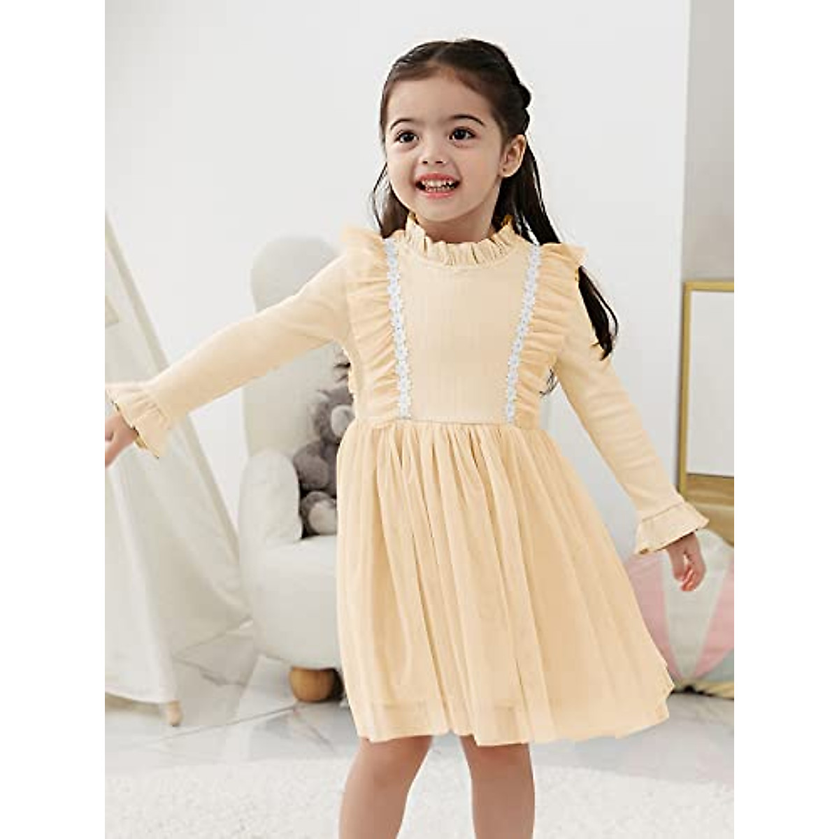 Toddler Baby Girls Knit Sweater Floral Tutu Dresses Long Sleeve Princess Fluffy Tulle Dress (Apricot, 4-5T)