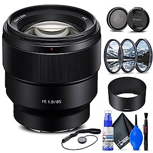 Sony FE 85mm f/1.8 Lens (SEL85F18/2) + Filter Kit + Lens Cap Keeper + Cleaning Kit + More (Renewed)