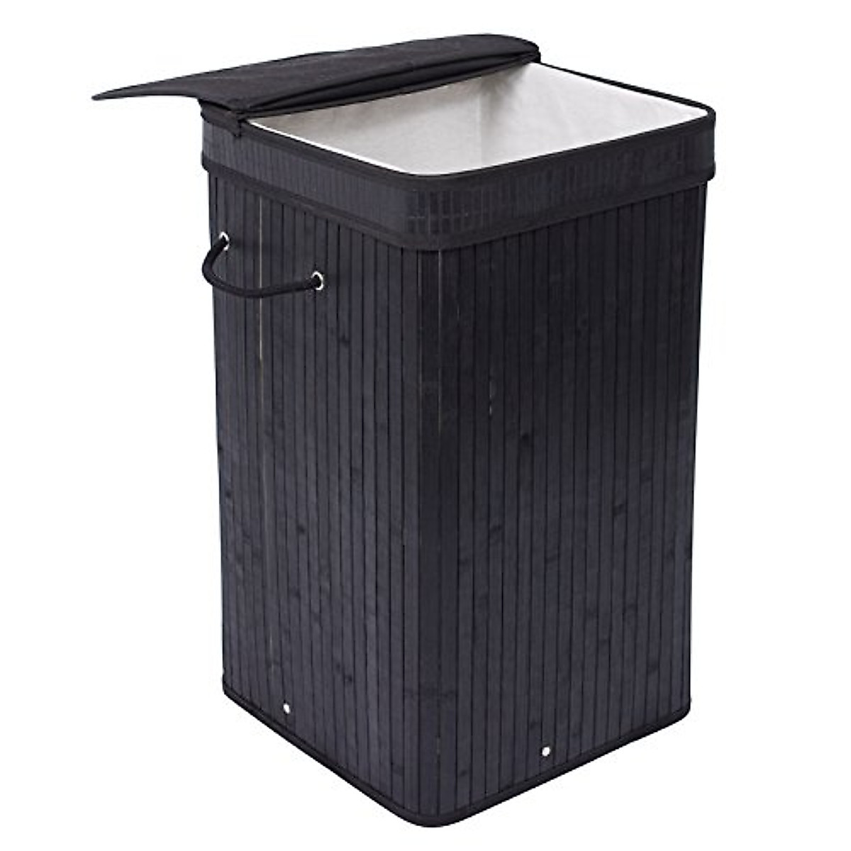 BIRDROCK HOME Square Laundry Hamper with Lid and Cloth Liner - Bamboo - Black - Easily Transport Laundry Basket - Collapsible Hamper - String Handles