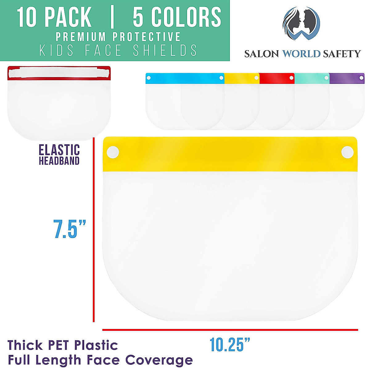 TCP Global Salon World Safety Kids Face Shields (Pack of 10) - 5 Colors, 2 of Each - Clear Protective Children's Full Face Shields to Protect Eyes, Nose, Mouth - Anti-Fog PET Plastic, Elastic Headband