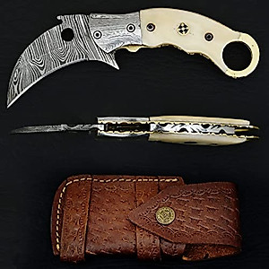 Custom Handmade Damascus Steel Karambit Folding Knife Pocket Knife Everyday Carrying Knife Camel Bone Handle with Leather Sheath