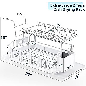 Ohuhu Dish Drying Rack with Drainboard, 2-Tier Stainless Steel Dish Racks with 360-Degree Swivel Spout & Utensil Holder, Large Dish Drainer for Kitchen Counter,27" x 13" x 13"