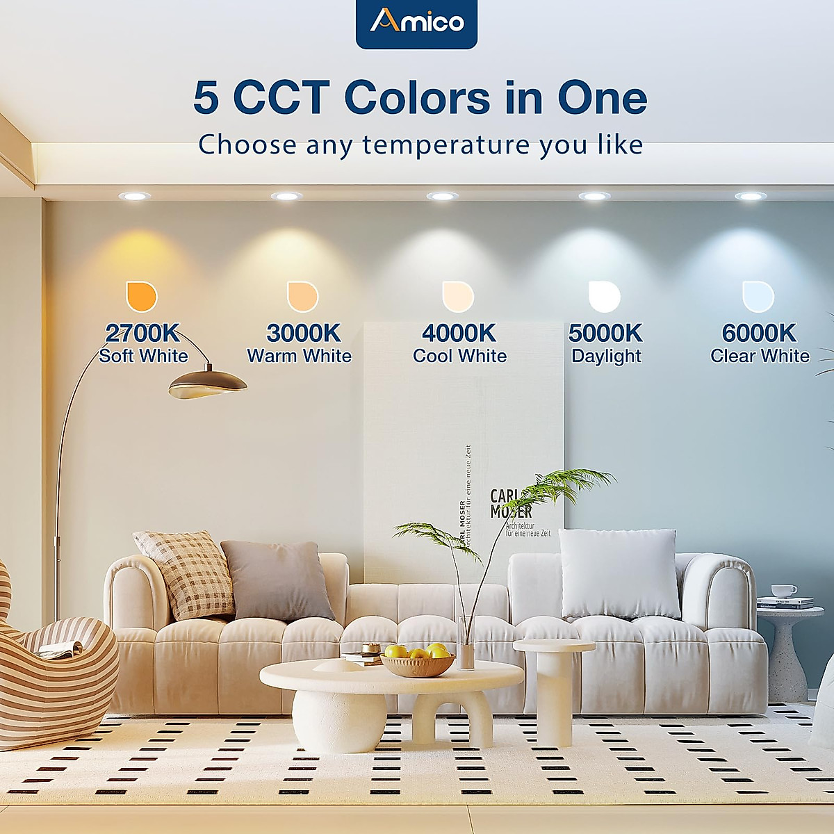 Amico 5/6 inch 5CCT LED Recessed Lighting 20 Pack, Dimmable, IC Rated, 12.5W=100W, 950LM Can Lights with Baffle Trim, 2700K/3000K/4000K/5000K/6000K Selectable, Retrofit Installation - ETL & FCC