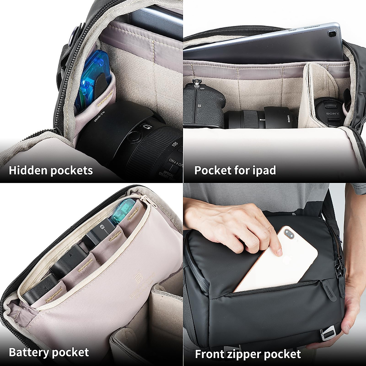 Besnfoto Camera Bag DSLR Camera Sling Bag for Photographer Waterproof Small Crossbody Shoulder Bag Case for Mirrorless Camera, Black