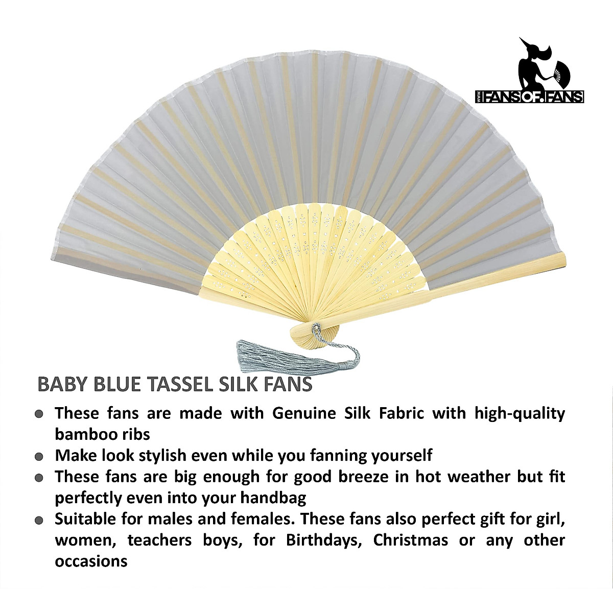 FANSOF.FANS Fabric Handheld Folding Hand Fan With a Tassel Grade A Bamboo Ribs for Women Girls Summer Party Event Favor Birthday Wedding Souvenir Gift (Baby Grey)