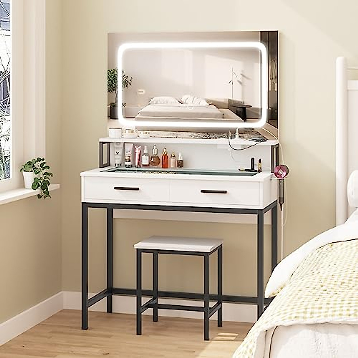 Fameill White Vanity Desk with Lights,Glass Top Makeup Vanity Table with Power Strip,Large Mirror Dressing Table Set with 2 Drawers and Hair Dryer Stand,35.4in(L)