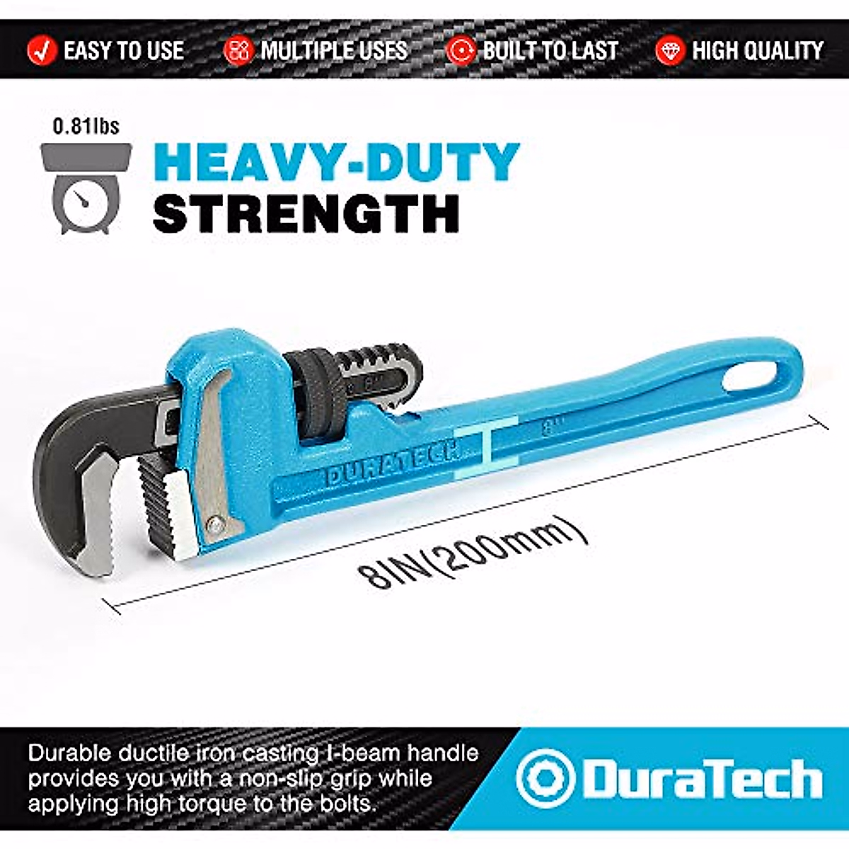 DURATECH 8-Inch Heavy Duty Pipe Wrench, Adjustable Plumbing Wrench, Malleable Cast Iron Handle, Exceed GGG standard