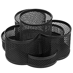 MyGift Rotating Black Metal Mesh Desktop Organizer, 7 Compartment Office Desk Supplies and Stationery Storage Caddy