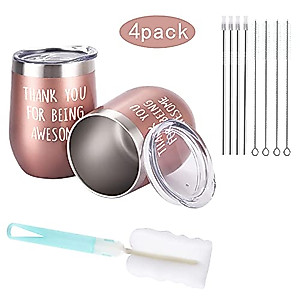 Thank You Gifts, Thank You for Being Awesome Wine Tumbler Set of 4, Inspirational Appreciation Birthday Gifts for Women Coworker Friends Teacher Her, Insulated Stainless Steel Tumbler(12oz, Rose Gold)