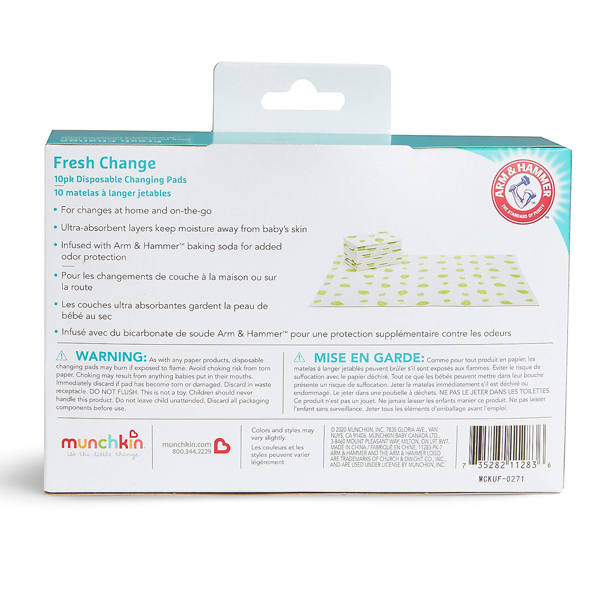 Munchkin Arm & Hammer Disposable Changing Pad, 10 Count , White/Green