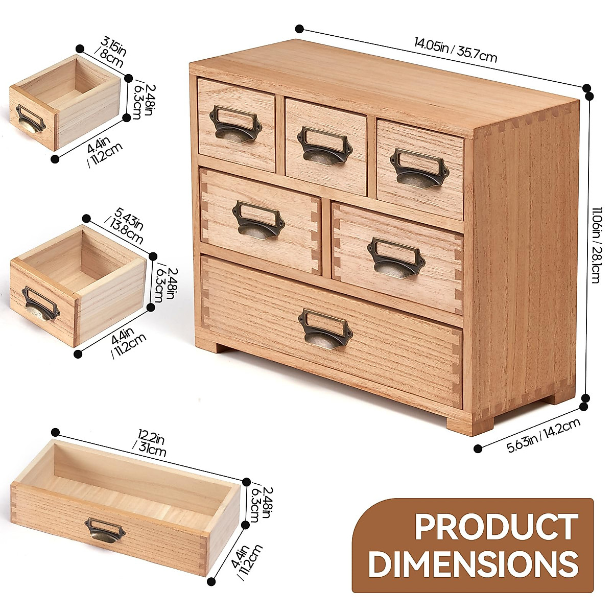KIRIGEN Wood Desk Drawer Organizer, Home Storage Cabinet 6 Drawers Mini Chest with Lable Holder Handles for Bedroom Home and Office Organization Dark Brown(3D6CG-DBR)