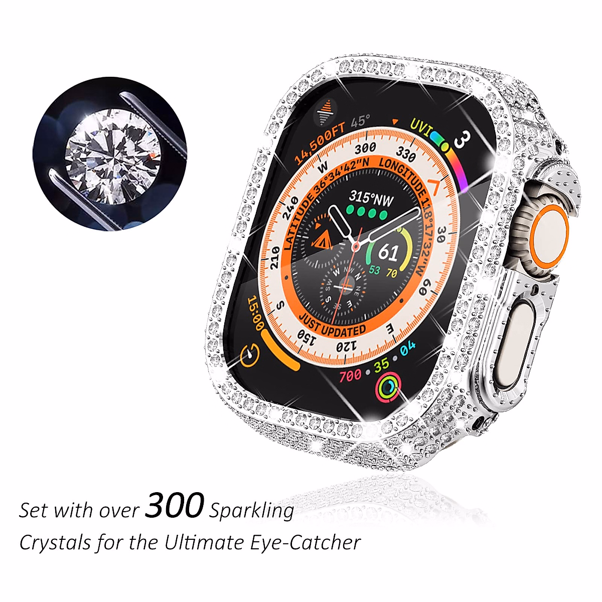 Surace 49mm Case Compatible with Apple Watch Ultra Case, Bling Case with Over 400 Crystal Diamonds Protective Cover Bumper Compatible for Apple Watch Ultra (49mm, Silver)