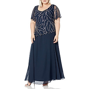 J Kara Women's Plus Size Beaded Short Sleeve Long Gown, Navy/Mercury, 18W