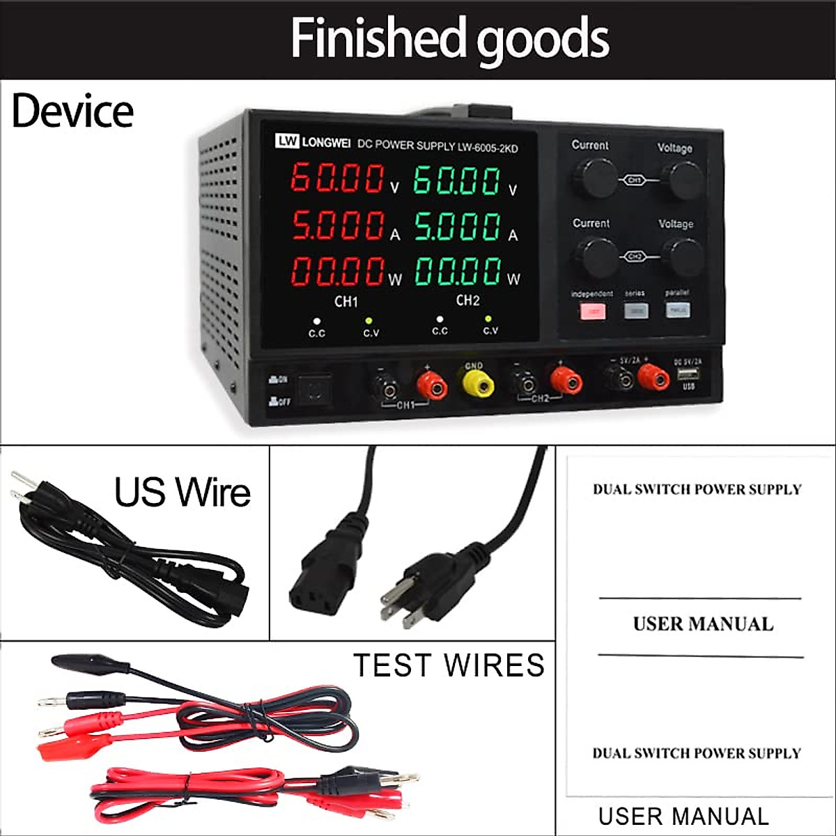 Lwlongwei 4 Channels DC Power Supply Variable, Tripple 60V 5A 2 * 300W Adjustable Switching Regulated DC Bench Power Supply with 4-Digits LED Power Display 5V/2A USB/DC Output Black