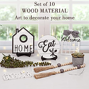 Telihel Tiered Tray Decor Set of 10, Farmhouse Tiered Tray Decorations, Exquisite Relief Design Sign Rustic Table Ornaments with Artificial Succelent Plants, String Lights for Kitchen Home Table Decor