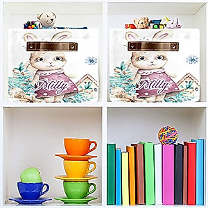 Cute Bunny Rabbit Personalized Storage Basket ,Custom Storage Bins Cubes Organizer with Handle for Bedroom Wardrobe,Nursery,Basket 1 Pack